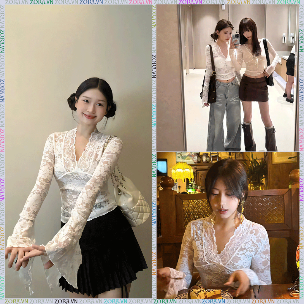 【ZORA】Áo khoác,Tay dài,Áo mùa hè,Áo gợi cảm,Áo ren - Cổ chữ V + Tay loe nhẹ, tôn dáng thon gọn ...