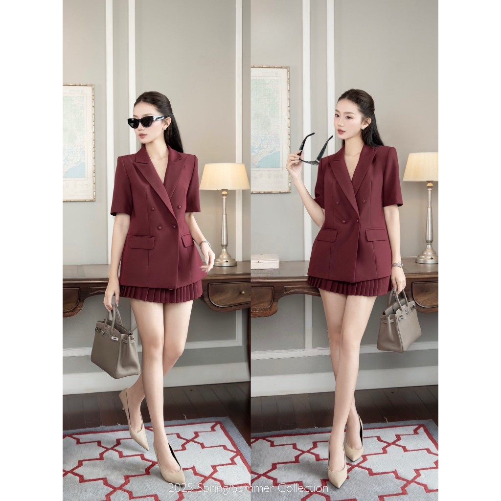 Set vest nữ dáng dài tay ngắn cao cấp phối chân váy xếp ly – Blazer nữ ...