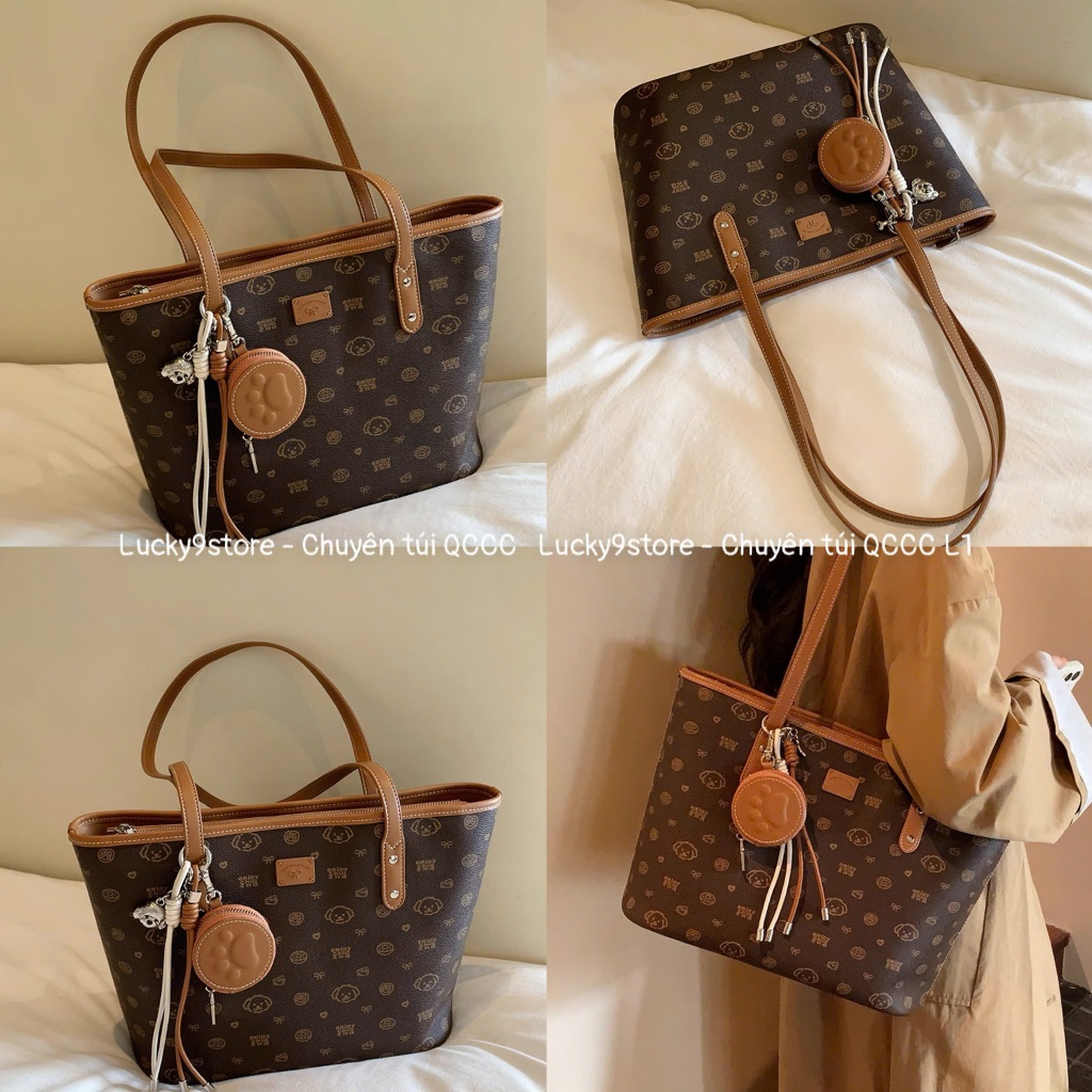 Túi nữ Túi Chio đeo vai cỡ lớn size 38 hoạ tiết nâu tặng ví tròn treo ...