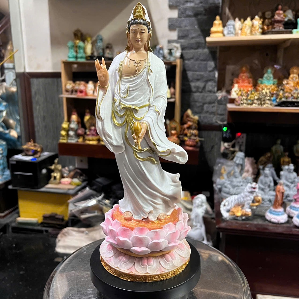Tượng Phật Quan âm đứng tòa sen hồng . bằng bột đá cao cấp. size cao 30 ...