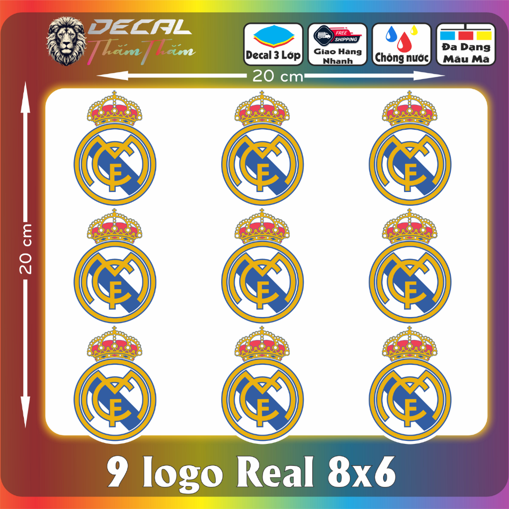 Combo 9 sticker logo decal CLB REAL MADRID Chống nước - Chịu nắng dán ...