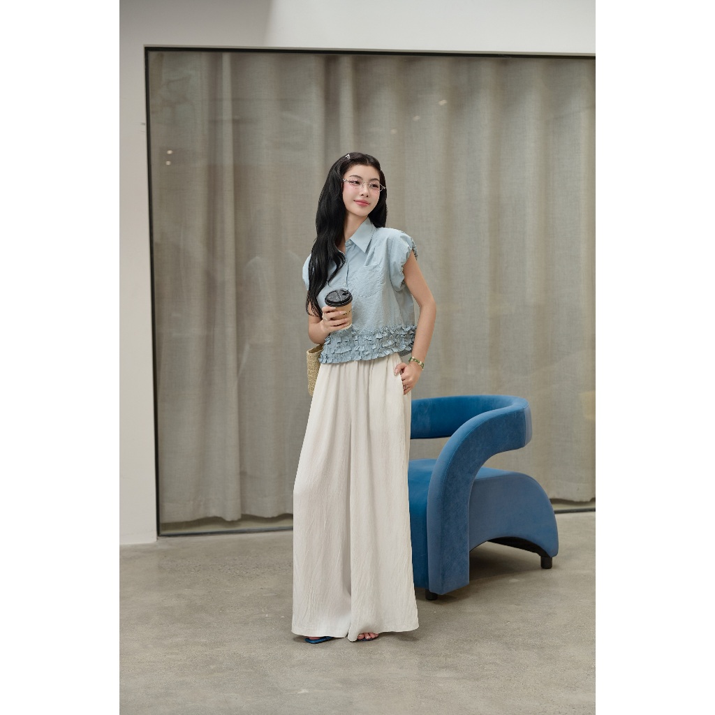 FAS34066 - Áo sơ mi vải thô dáng croptop cổ đức vai chờm gấu áo phối ...