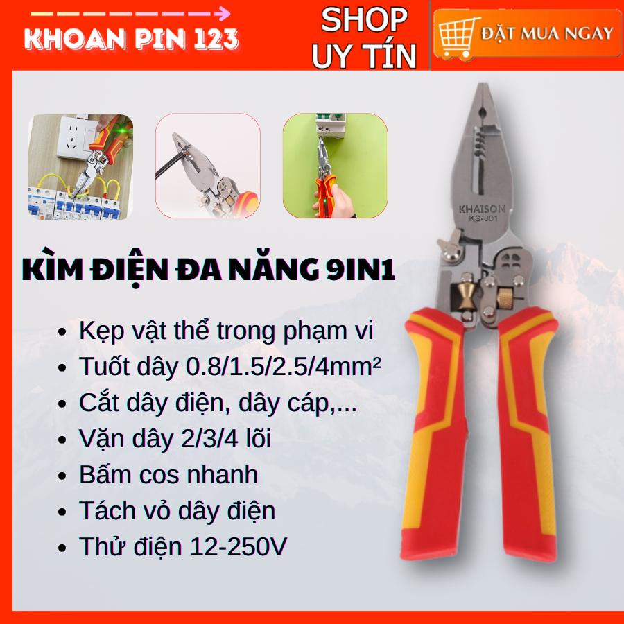 Kìm điện đa năng 9in1, kìm cắt, kìm tuốt dây, kìm bấm cos, kìm xoắn dây ...
