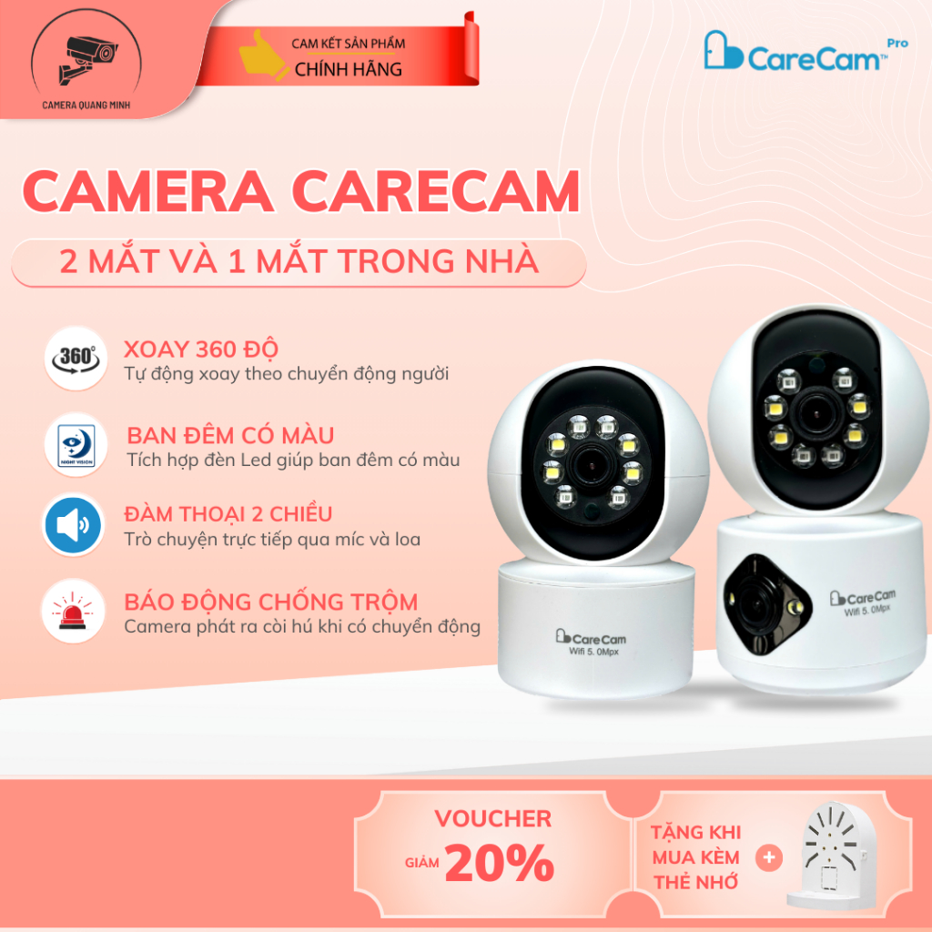 Camera Wifi CARECAM trong nhà 2 Mắt 5.0MP Hoặc 1 Mắt 5.0MP, chạy app ...