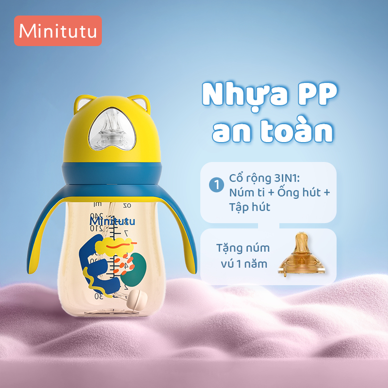 Bình sữa Minitutu 3IN1 cho Bé Yêu phiên bản hình Gấu 240ml/300ml, Núm ti quả tạ 360°, PP (BPA ...