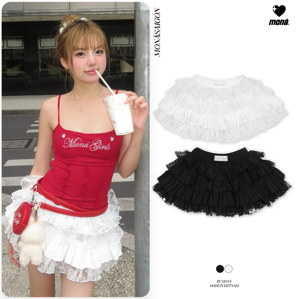 Chân váy nữ MONÁ nhún bèo nhiều tầng vải kate phối ren hoạ tiết thêu hoa - SORA SKIRT | Shopee ...