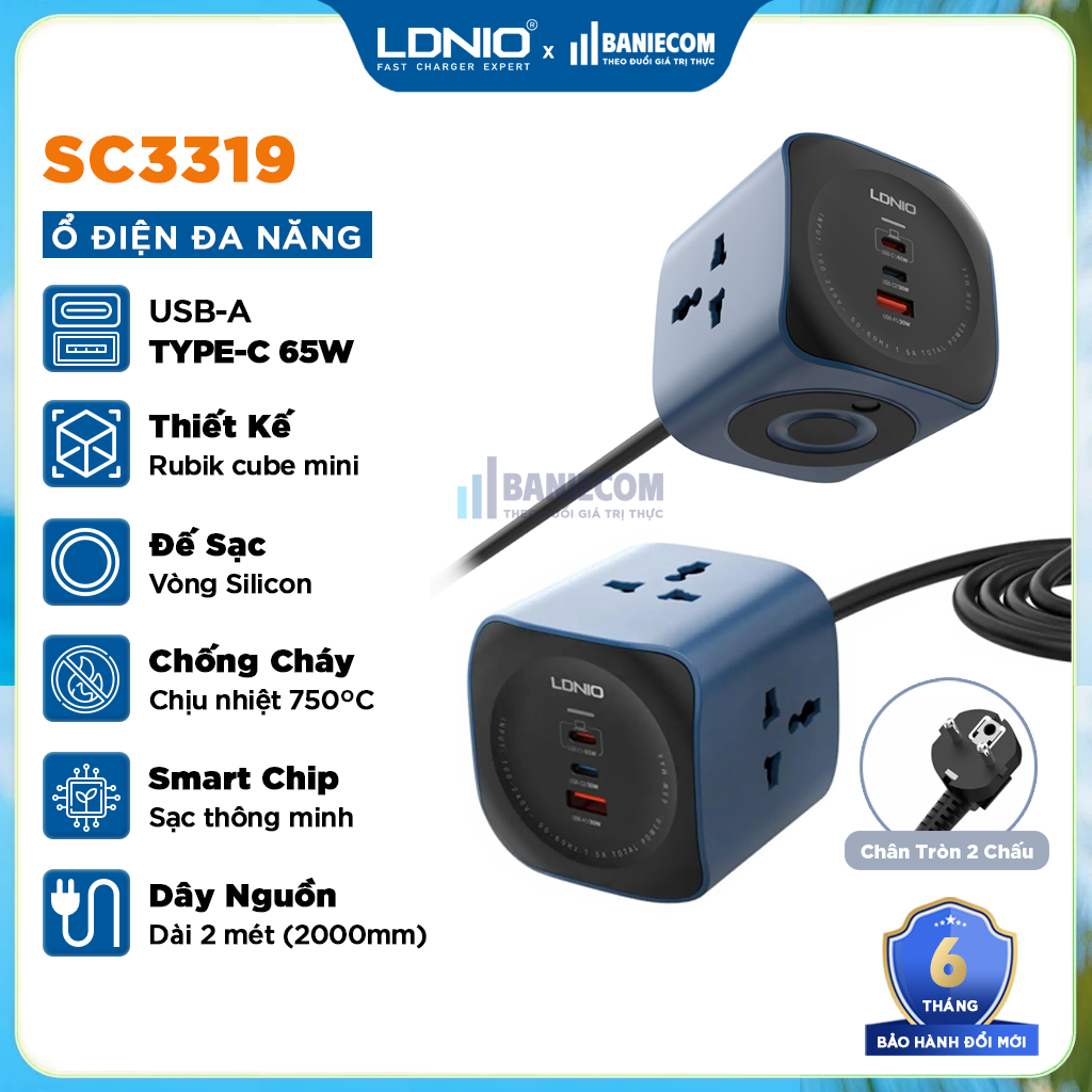 Ổ Điện Đa Năng LDNIO SC3319 6in1 3 cổng AC220V 2500W + 2 TypeC 65W + USB Sạc Nhanh Dây 2m Chân ...