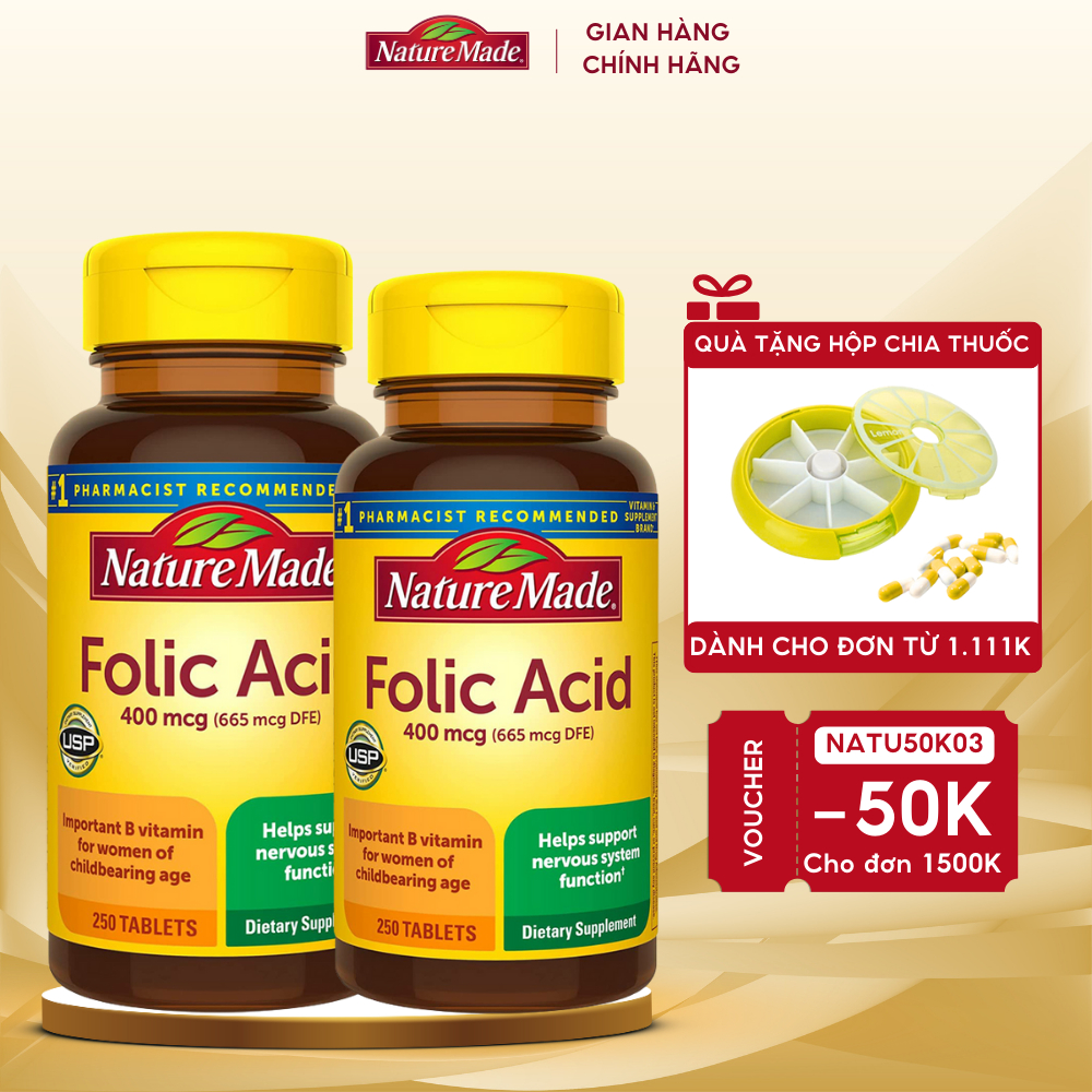 Combo 2 hộp Axit Folic Nature Made Folic Acid 400mcg giúp giảm nguy cơ ...