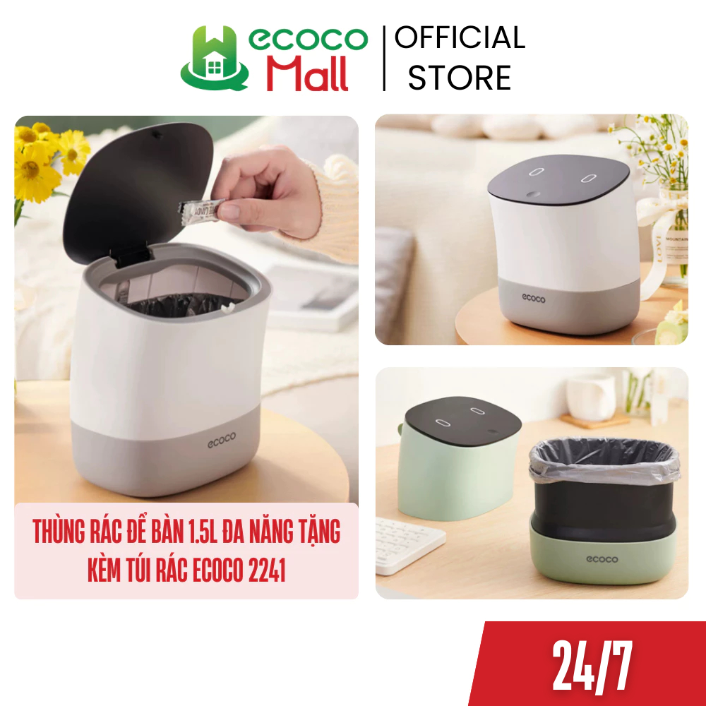 Thùng rác để bàn ECOCO 1,5L đa năng tặng kèm túi rác, Hộp đựng vỏ mini văn phòng nắp kín cao cấp ...