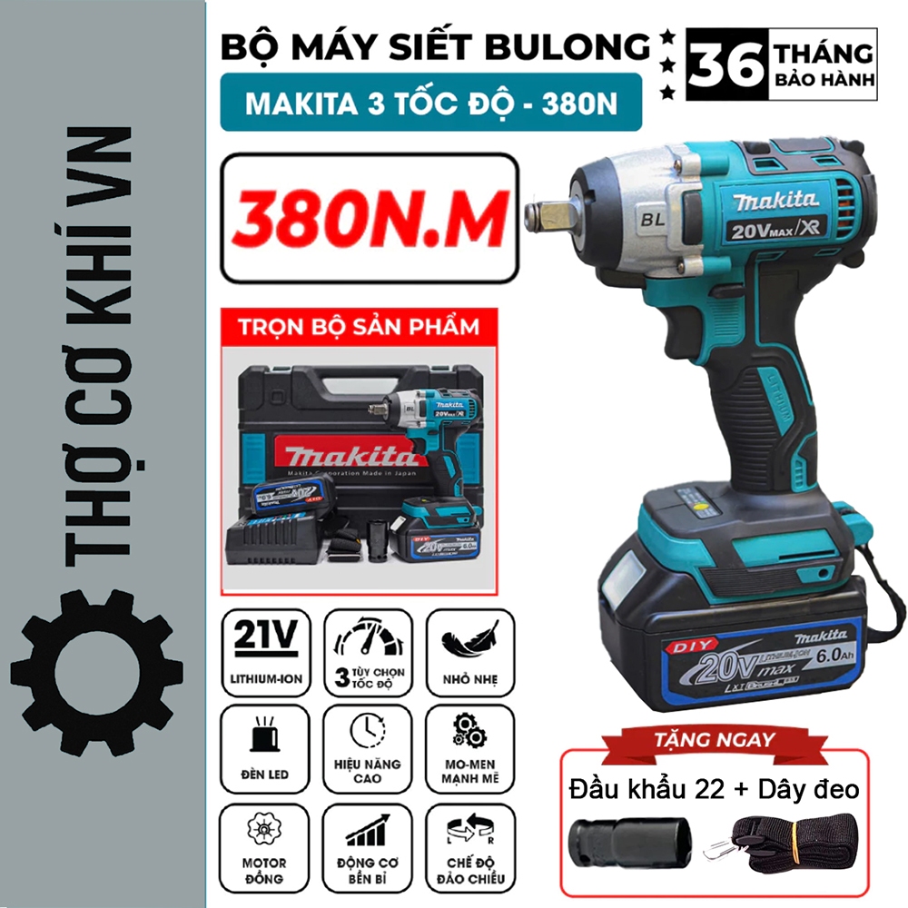 Máy siết bulong MAKITA 20V Hàng Lõi Đồng- KHÔNG CHỔI THAN - khoan tường, bắn vít, siết ốc + Quà ...