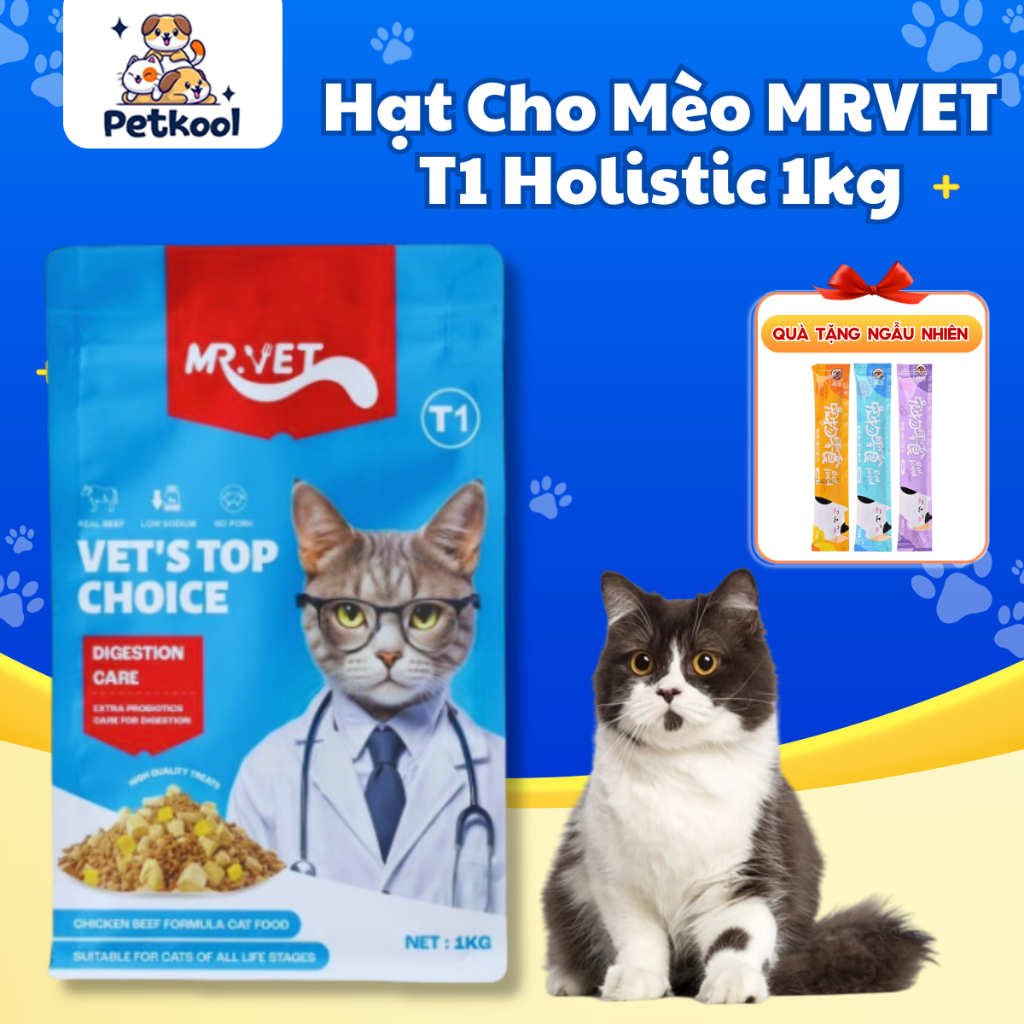 Hạt Cho Mèo MRVET T1 Holistic 1kg Với 30% Protein Kèm Topping Thịt Gà, Gan Gà, Lòng Đỏ Trứng Sấy ...