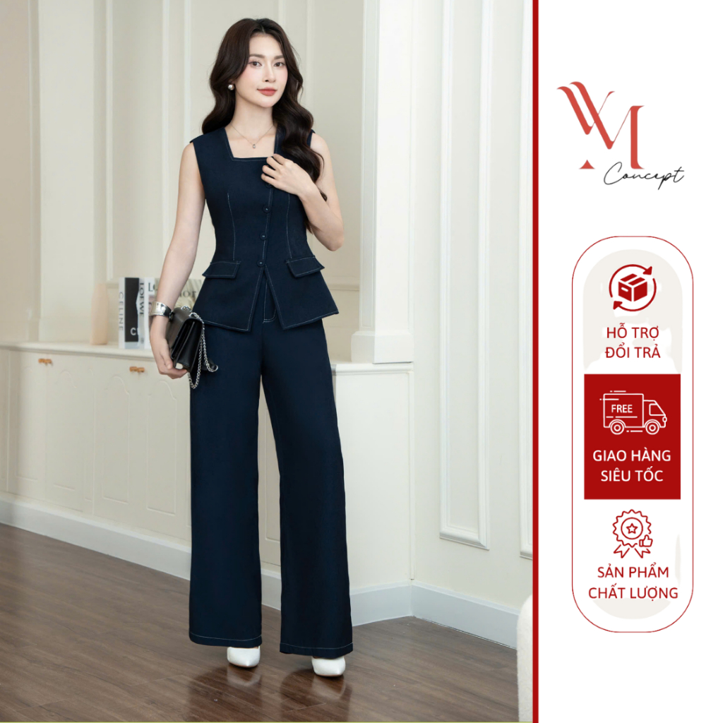 Set Áo Ghile Jean Nút Xéo Vải Cotton Hàn Kèm Quần Ống Suông Phong Cách Sang Trọng Tinh Tế YM ...