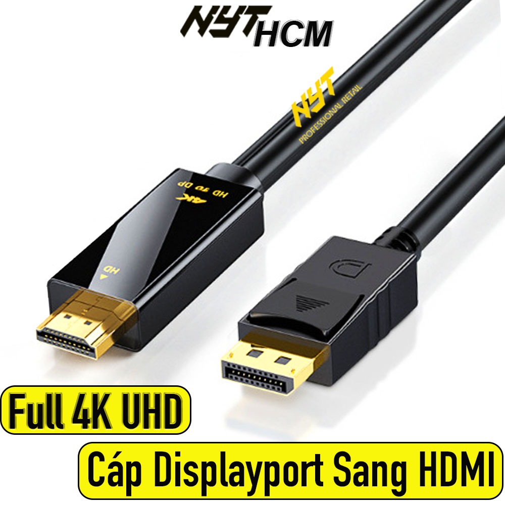Displayport To HDMI 4K UHD Cable Trơn Đen Dẻo Đầu Jack Mạ Vàng 24K ...