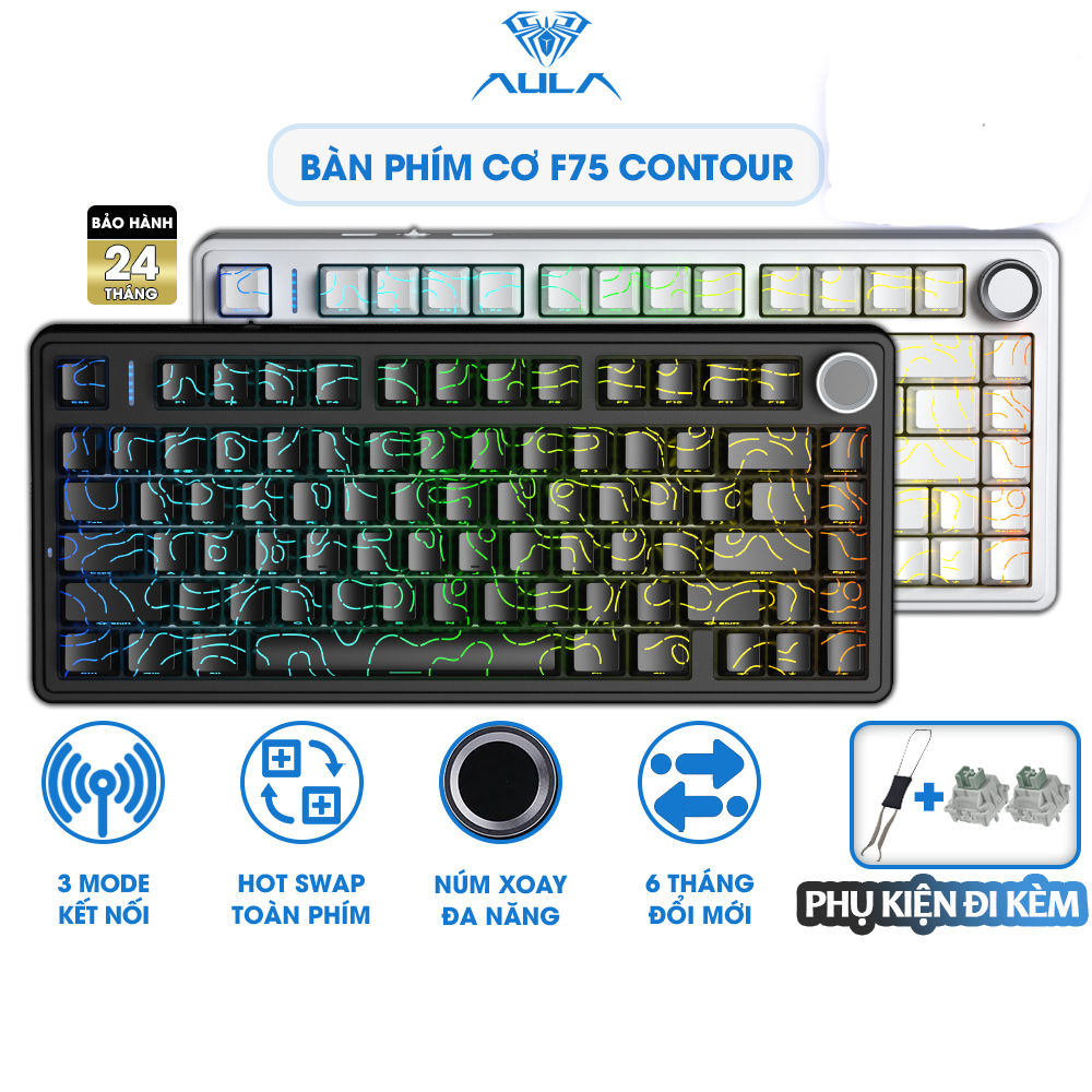 Bàn Phím Cơ 3 Mode AULA F75 Contour Mạch Xuôi Hotswap Kết Nối Không Dây Núm Vặn Đa Năng Gaming ...