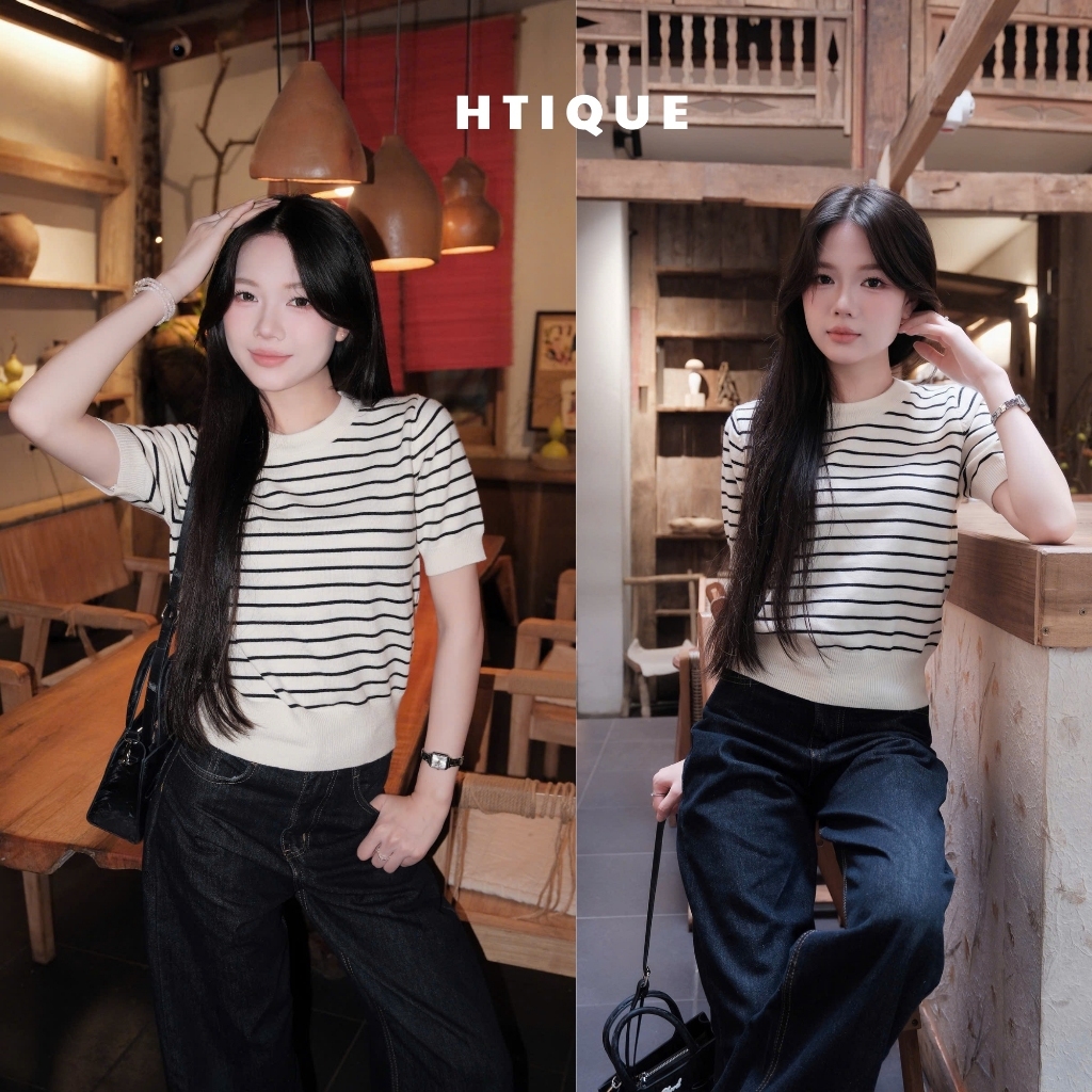 Áo Len Nữ, Áo Len Tay Cộc Nữ Cổ Tròn Nữ Hoạ Tiết Kẻ Ngang Basic Siêu Dễ ...