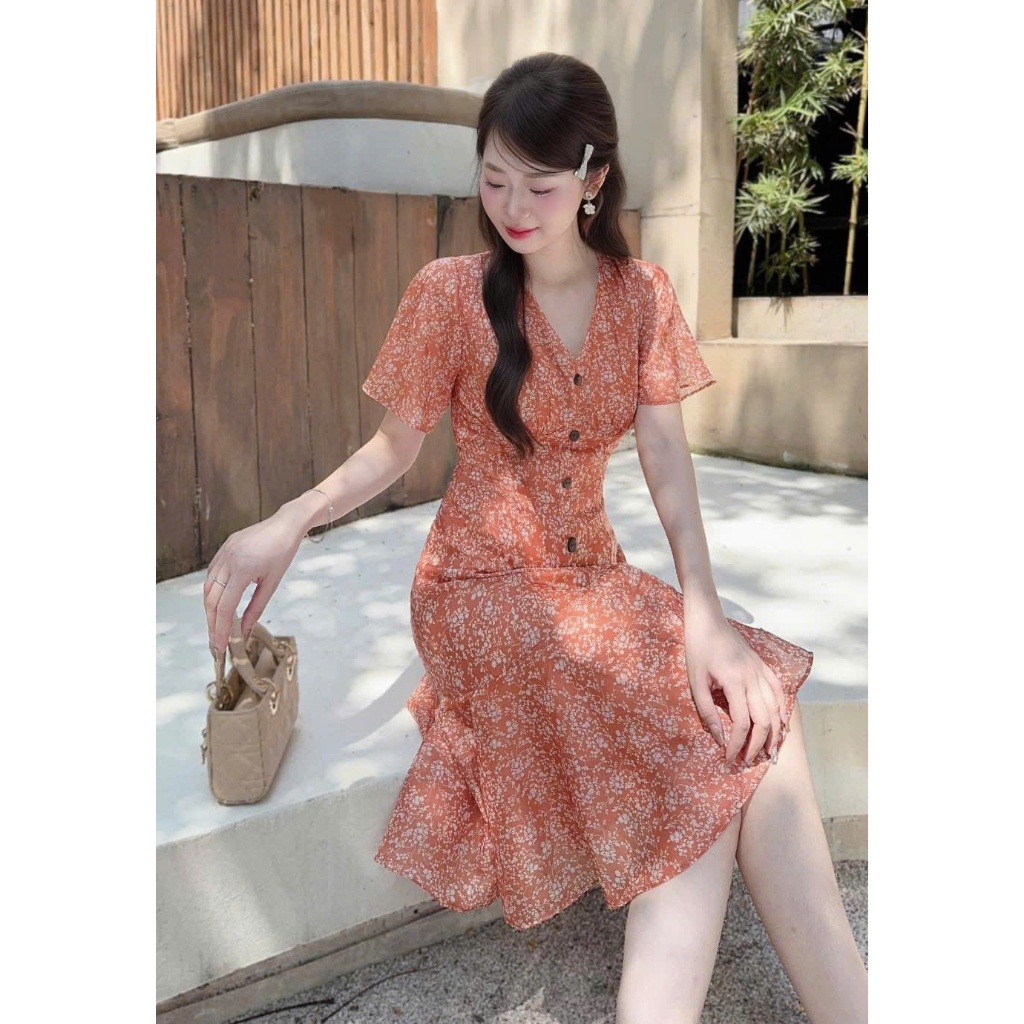 Đầm xoè thời trang nữ đi chơi chất voan hoa cổ chữ V phối cúc tay ngắn ...