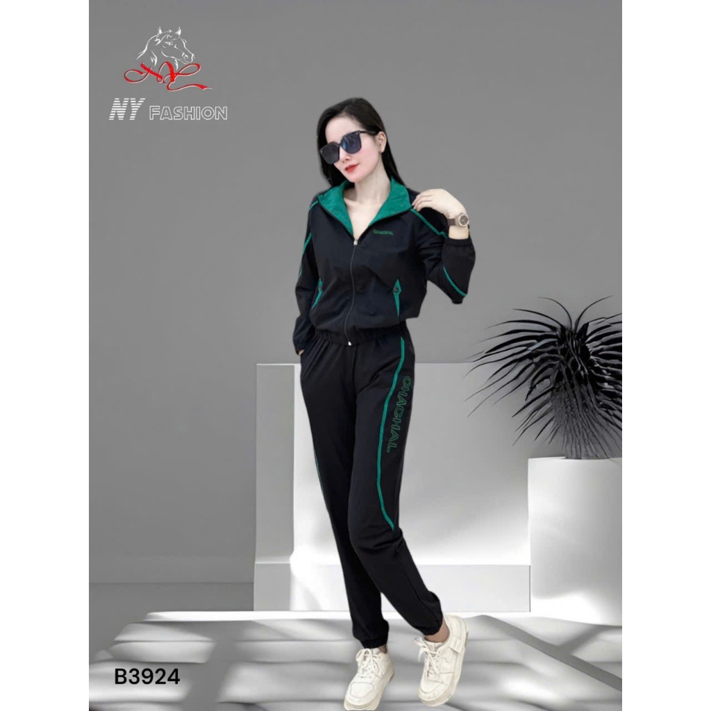 B3924 - Set bộ gió nữ, Bộ gió giãn thể thao có mũ hàng 2 lớp viền sọc ...