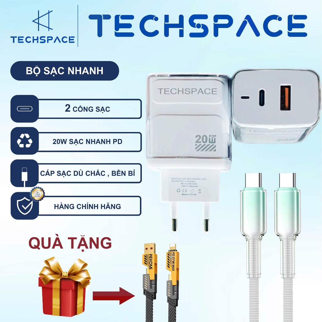 Bộ sạc nhanh 20W Techspace Combo củ kèm cáp sạc dù siêu bền cho điện ...