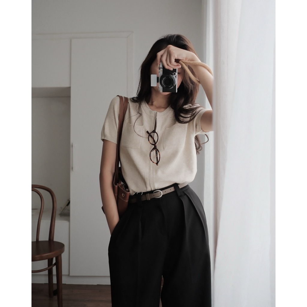 A984 Áo len ngắn tay dáng lửng khóa zip Audrey | Shopee Việt Nam