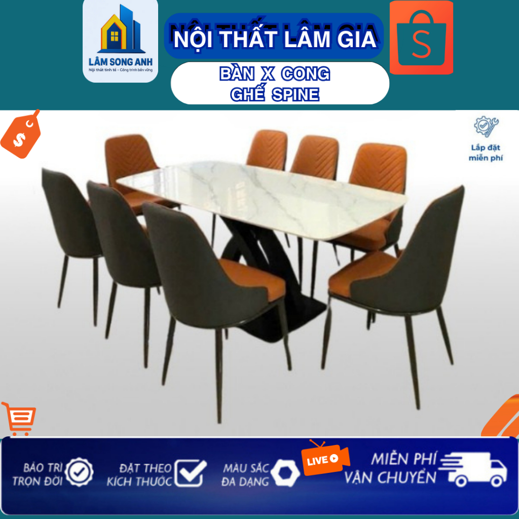 Bộ Bàn Ăn ADORA Mặt Đá Ceramic Bóng Chân X Cong kèm 4/6/8 Ghế Spine ...