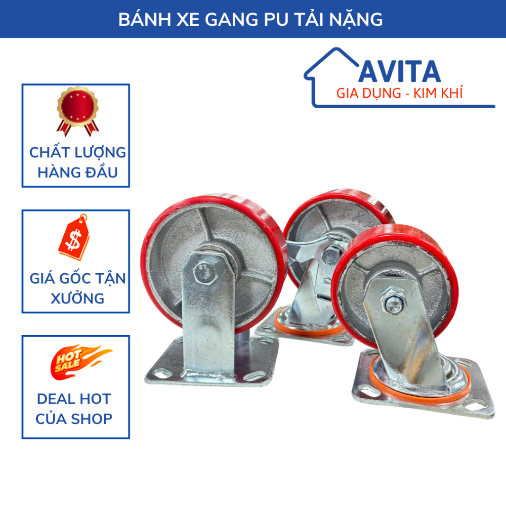 Bánh Xe Đẩy Hàng Gang PU Cố Định màu đỏ – Tải Nặng, Chịu Lực Tốt, Độ ...