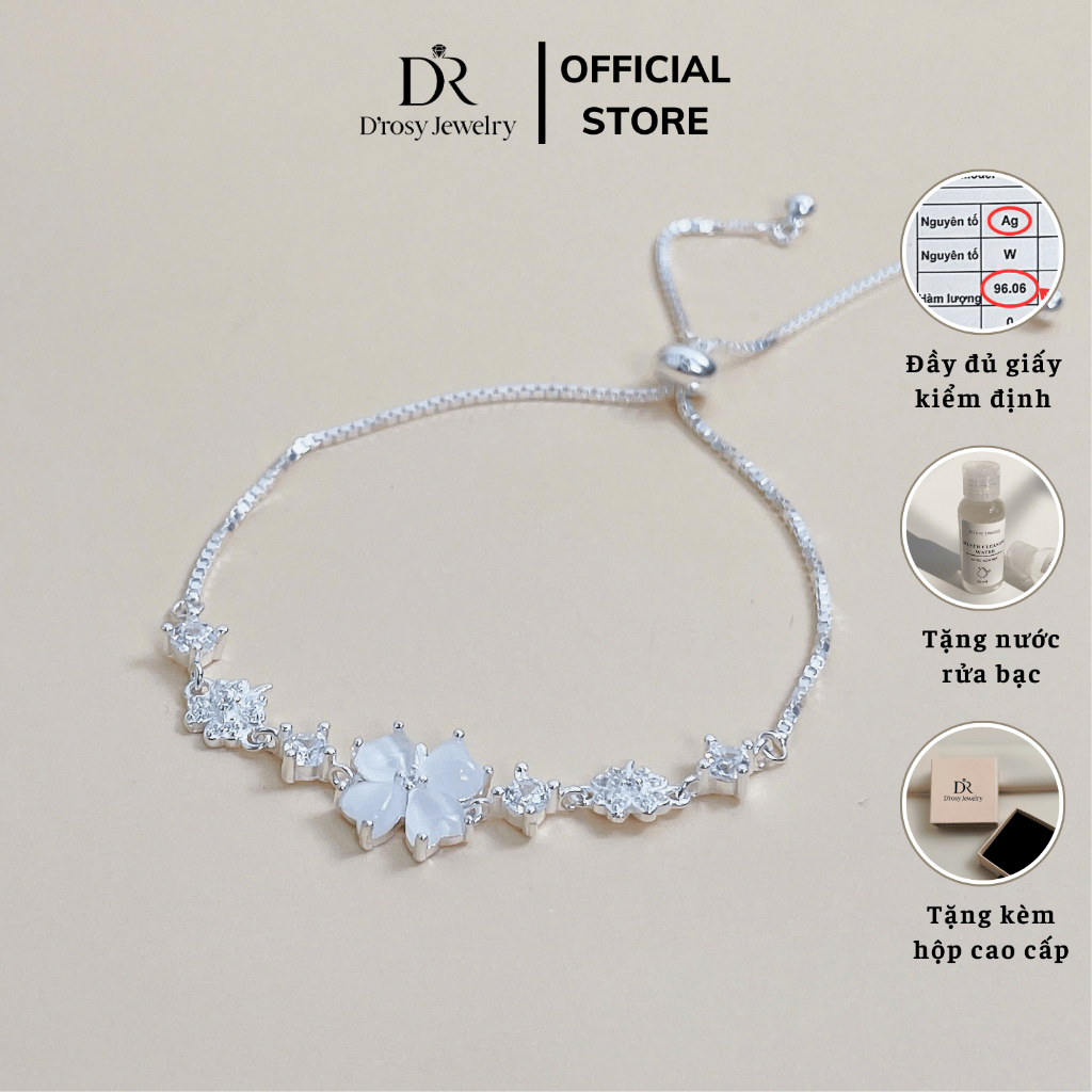 [TẶNG NƯỚC RỬA BẠC] Lắc tay bạc nữ S925 D'ROSY kiểu dáng dây rút điều chỉnh size cỏ 4 lá D’ROSY ...