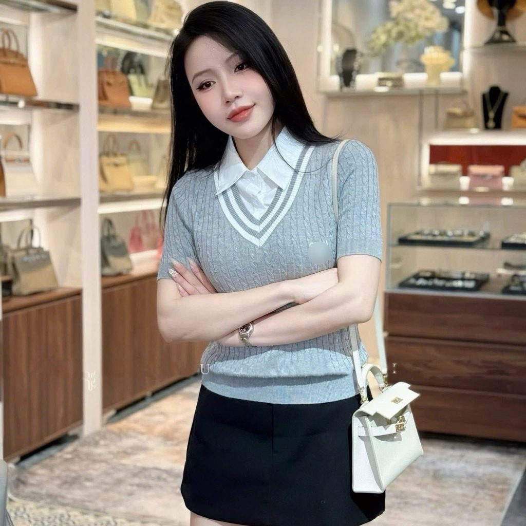 TRANG NORA. HÀNG QC40 - ÁO LEN THỪNG V VIỀN PHỐI CỔ SƠ MI TRẮNG ...