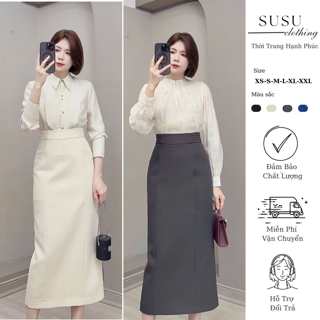 SusuClothing Chân váy dáng suông dài có túi cạp cao cách điệu mí viền ...