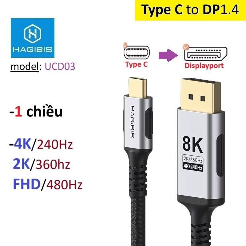Dây Type C to Displayport DP1.4 (hoạt động 1 chiều) Hagibis UCD03 4K ...