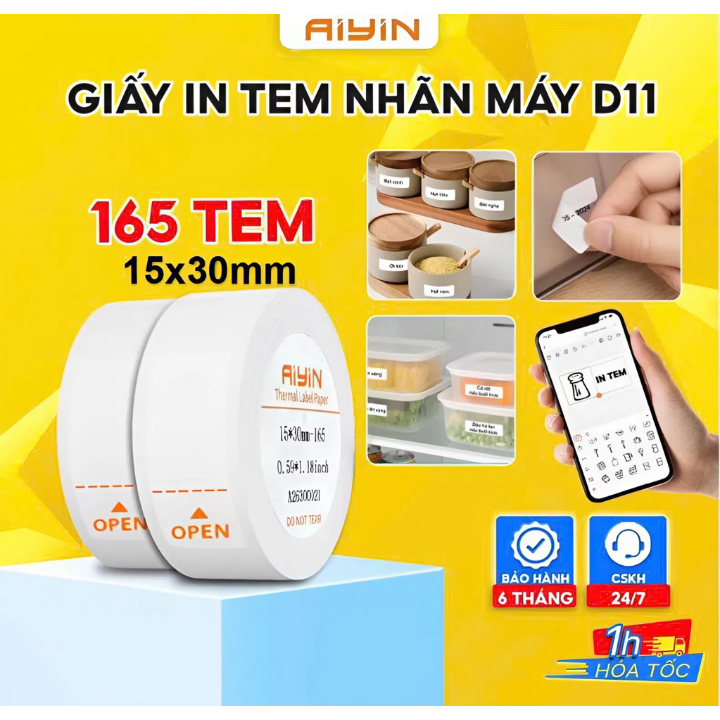 Giấy in tem nhãn D11 Aiyin Pikdik, cuộn 165 tem kích thước 15x30mm cho ...