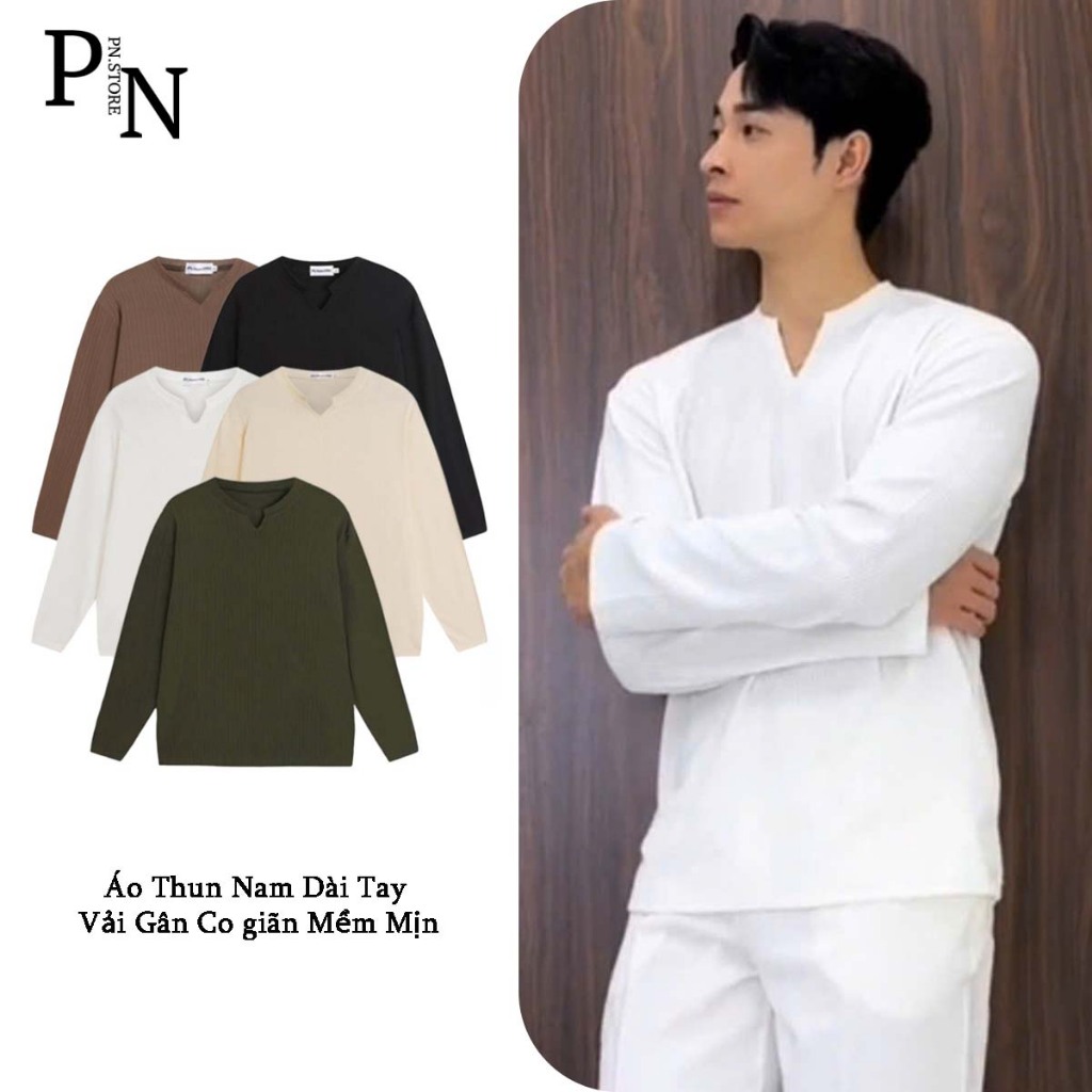 Áo Thun Nam PN STORE Dài Tay Cổ V Form Suông Vải Gân Co Giãn Mềm Mại ...