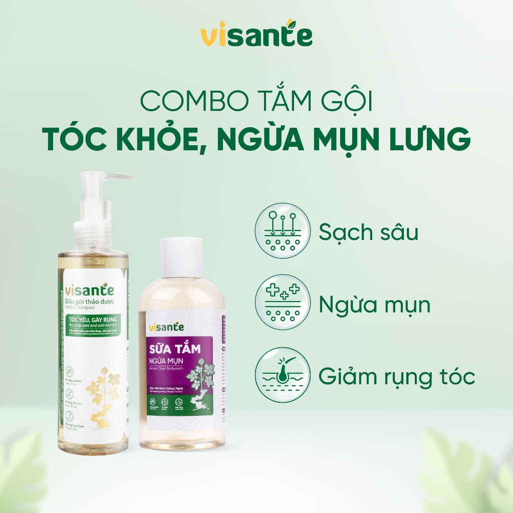 COMBO TẮM GỘI VISANTE CHO TÓC CHẮC KHỎE, NGỪA MỤN LƯNG HIỆU QUẢ CHIẾT ...