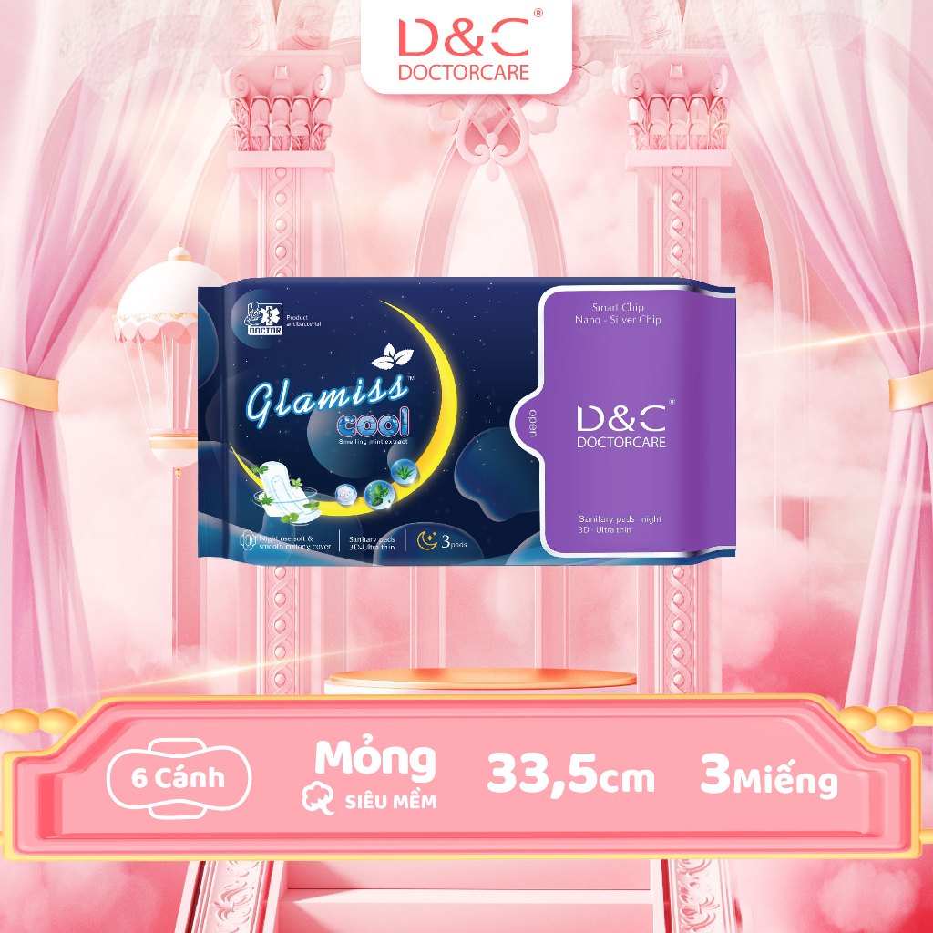 Băng vệ sinh thảo dược Glamiss Cool ban đêm gói 3 miếng 33.8cm 2 cánh ...