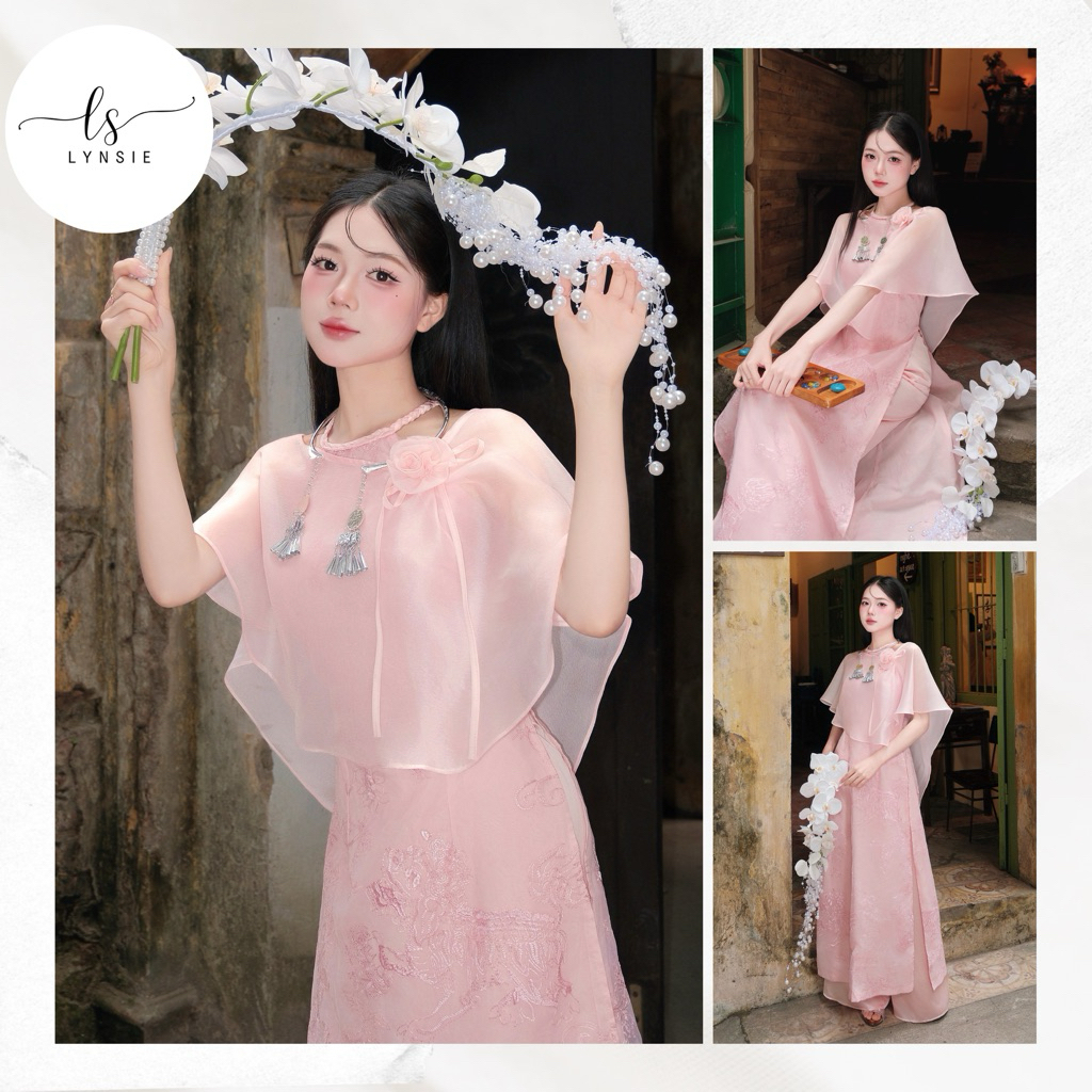 [Áo dài An Thy] Áo dài hồng cổ yếm choàng tơ chất vải ren thêu nổi cao ...