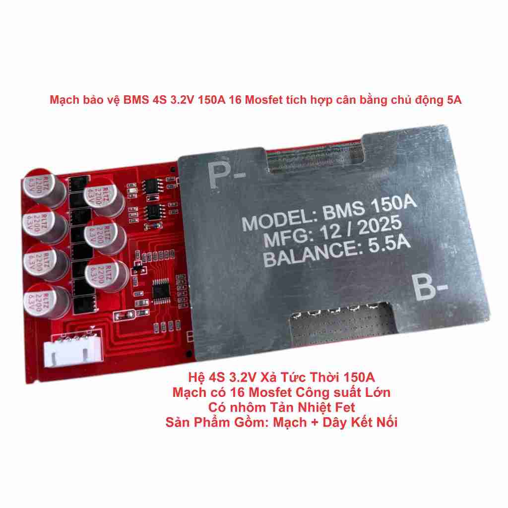 Mạch bảo vệ BMS 4S 3.2V 150A 16 Mosfet tích hợp cân bằng chủ động 5A ...
