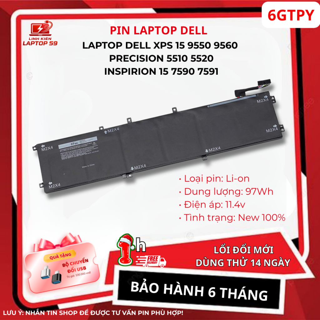 Pin DELL XPS 15 9550 9560 Precision 5510 5520 Inspiron 15 7590 7591 ...
