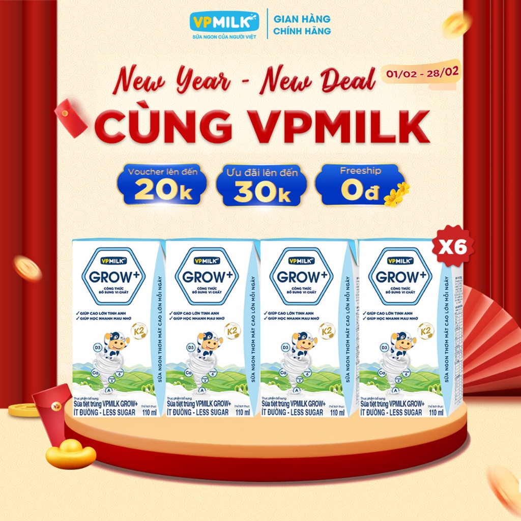 [Combo 6 lốc] Sữa Tiệt Trùng VPMilk Grow+ Ít Đường 110ml Cho Bé Từ 1 ...