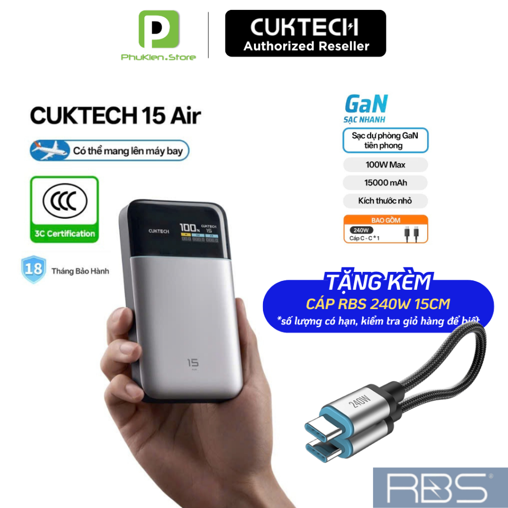 [BH 18th] Bộ Sạc di động Cuktech 15 Air PB150S 2C1A | Pin Silicon ...