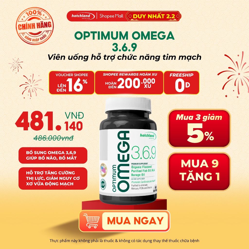 Viên uống Hotchland Nutrition Optimum Omega 3.6.9 hỗ trợ não bộ, thị ...
