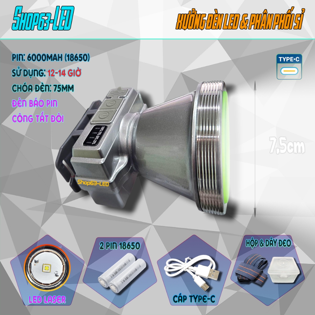 Đèn đội đầu thái lan chống nước cao cấp chóa 6cm, led laser sáng mạnh ...