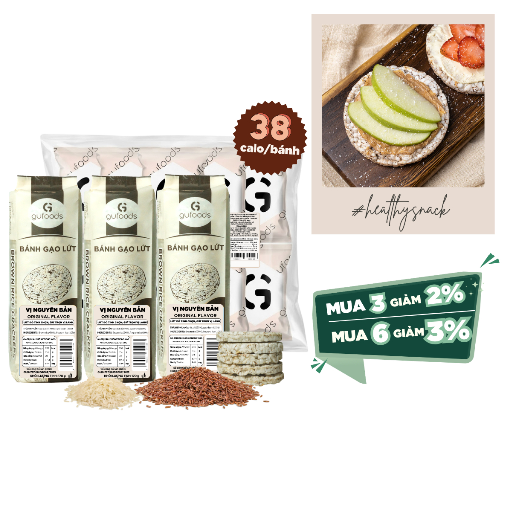 Bánh gạo lứt GUfoods vị Nguyên bản - Không đường, Tập gym, Healthy ...
