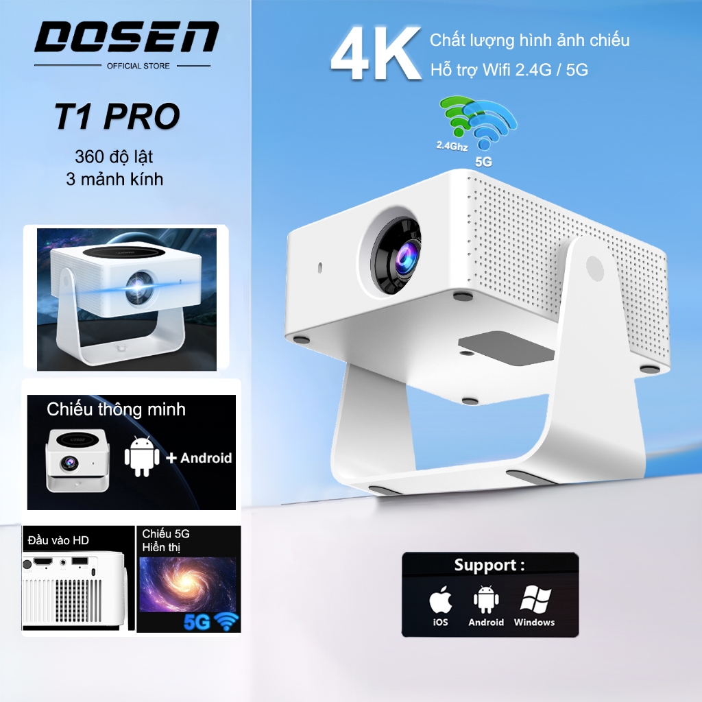 Dosen Pro Máy chiếu T1 Pro Full HD 1080P 4K mini Android 13 WiFi 2,4/5G ...