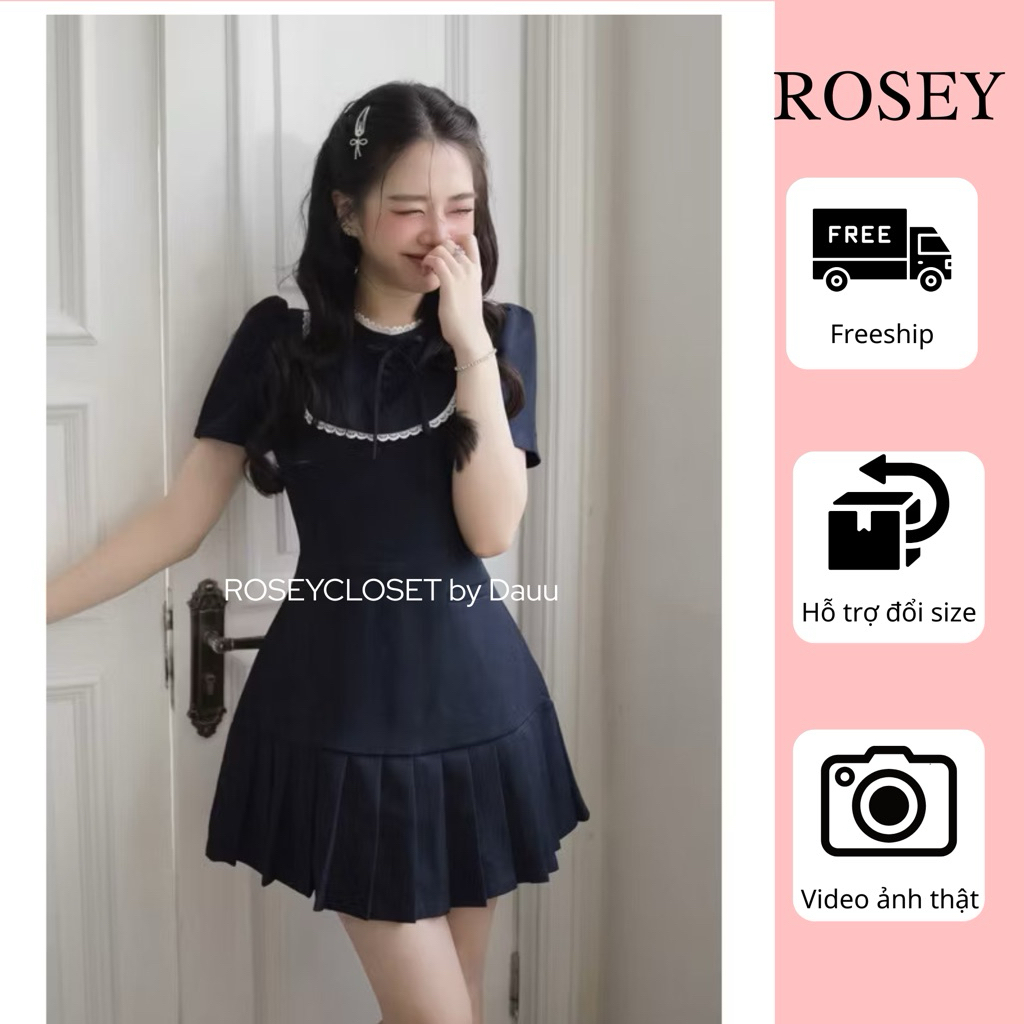 Váy xếp ly phối viền ren điểm cúc nơ ngực chất chéo ý cao cấp, Đầm nữ ...
