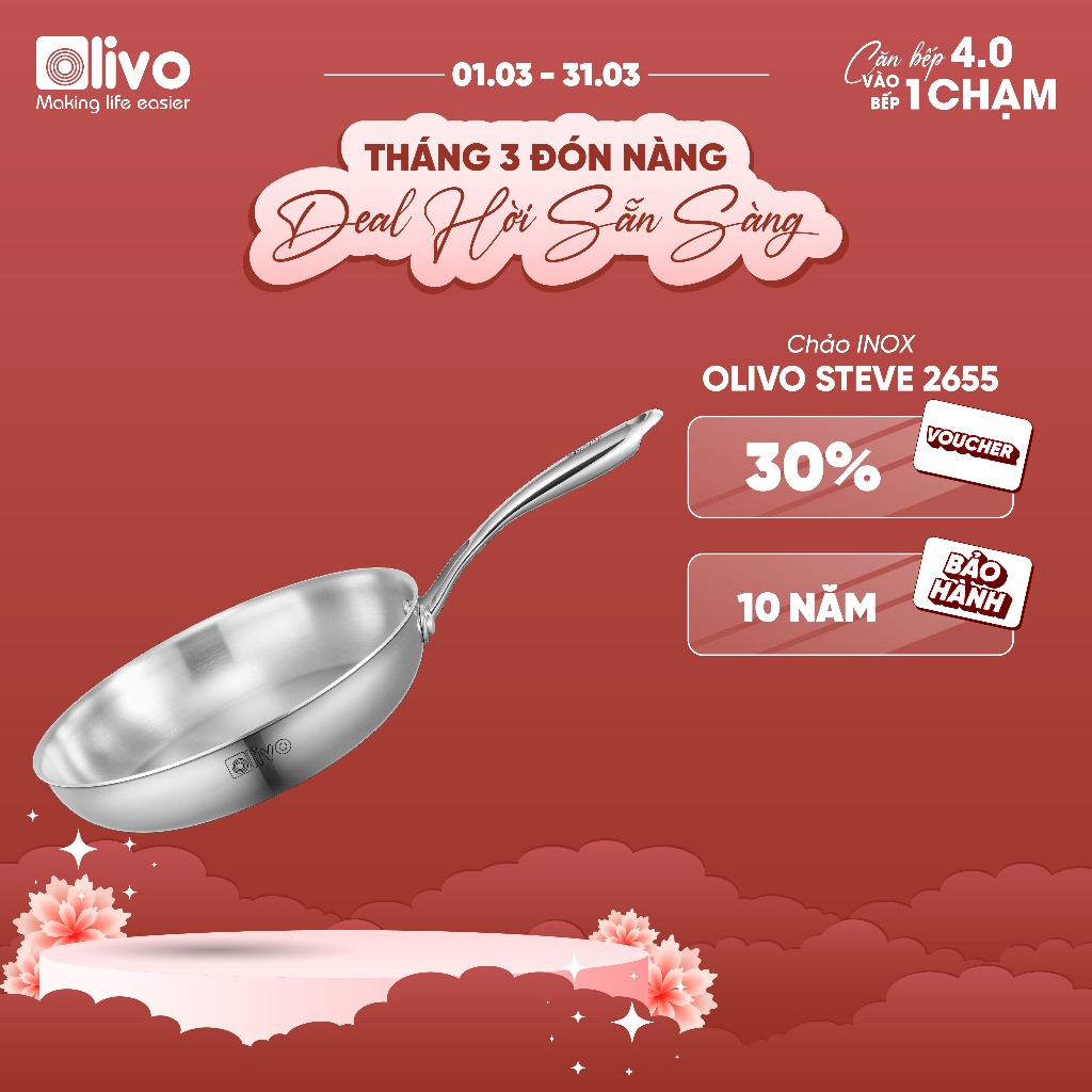 Chảo inox OLIVO STEVE 2655 26cm – chống dính tự nhiên, đáy 3 lớp – nấu ...