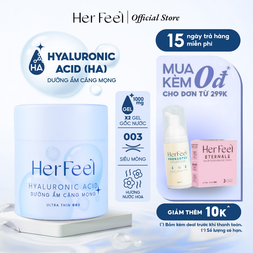 Bao cao su dưỡng ẩm Her Feel HA Hộp 3/10 Gấp đôi gel dưỡng ẩm cao cấp ...