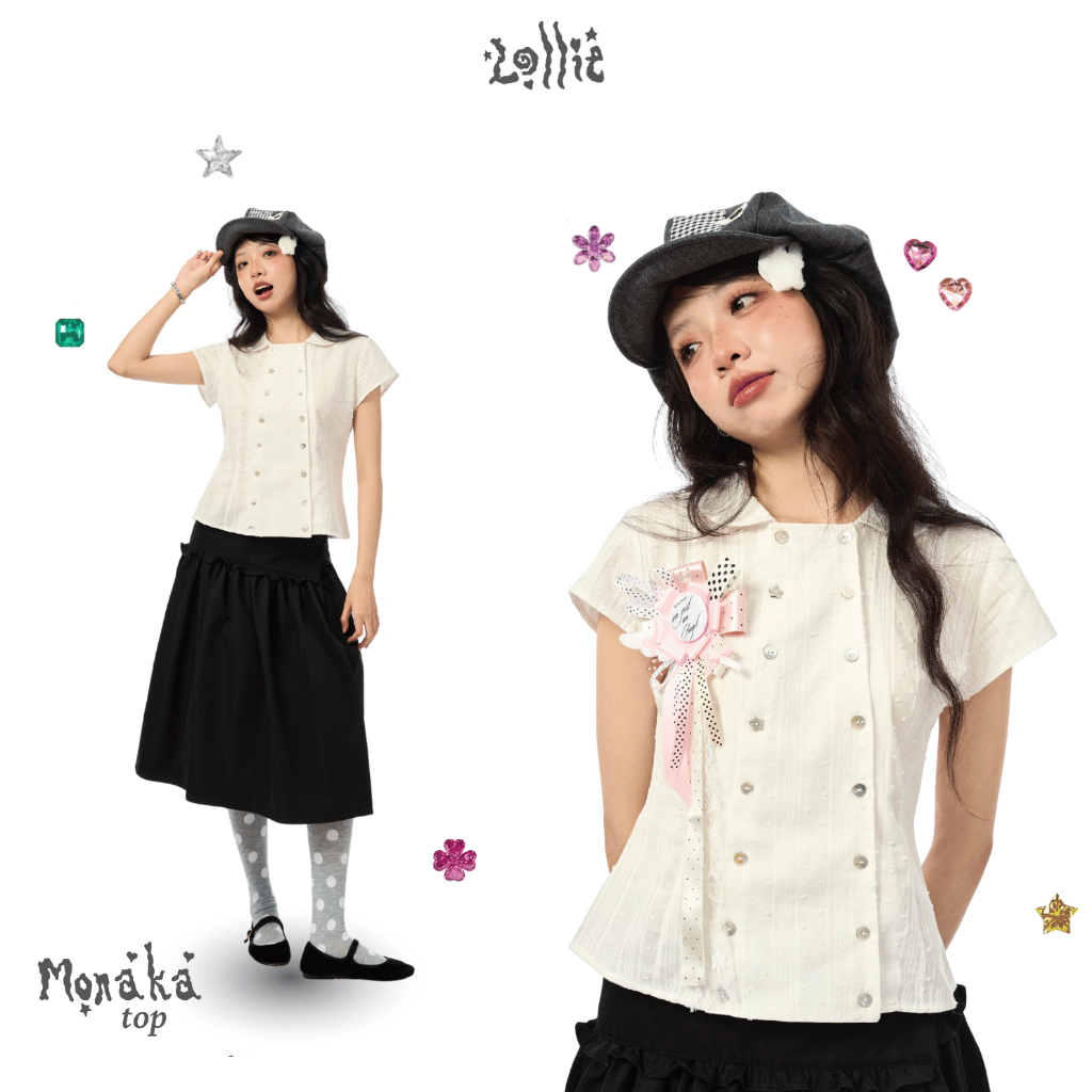 LOLLIE STUDIO - Áo sơ mi dệt hoạ tiết tay hến 2 hàng cúc chéo Monaka ...