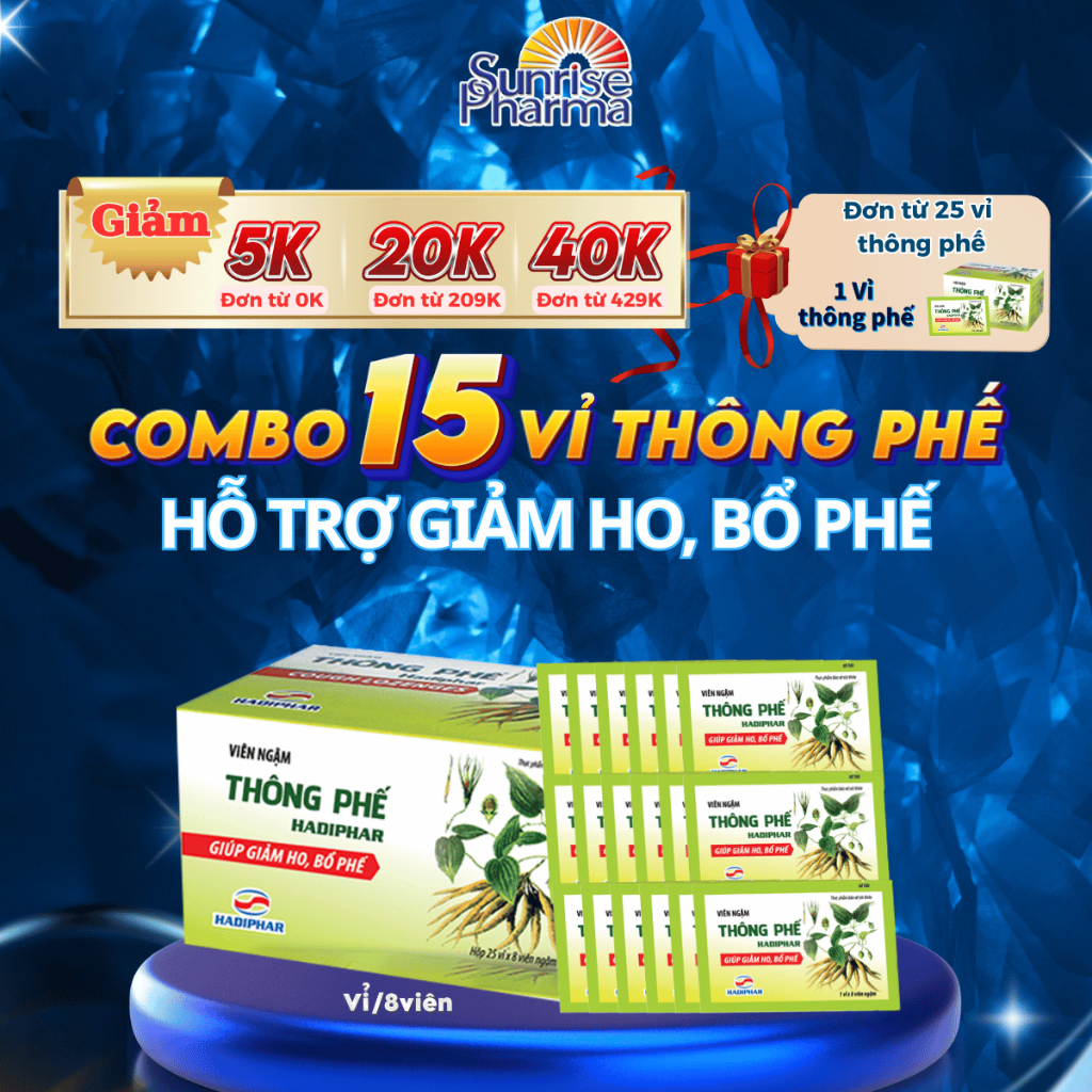 Combo 15 vỉ viên ngậm Thông Phế Hadiphar,hỗ trợ giảm ho, làm ấm đường ...
