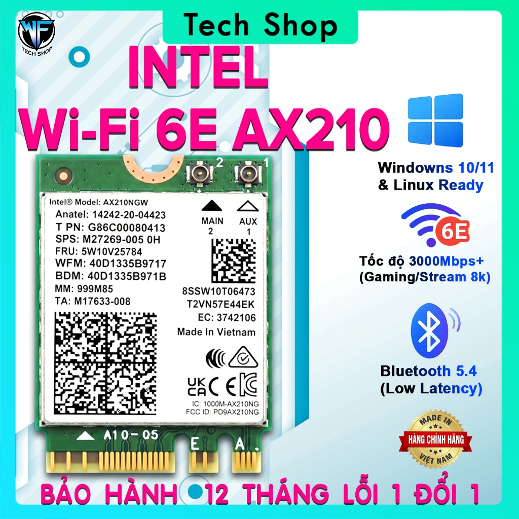 [ BH 12th ] Card WiFi 6E Intel AX210 Tri-Band (2.4/5/6GHz)-Bluetooth 5. ...