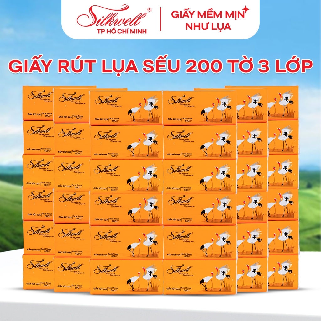 Combo 36 gói Giấy ăn rút lụa Silkwell Sếu 200 tờ 3 lớp khổ lớn, siêu ...