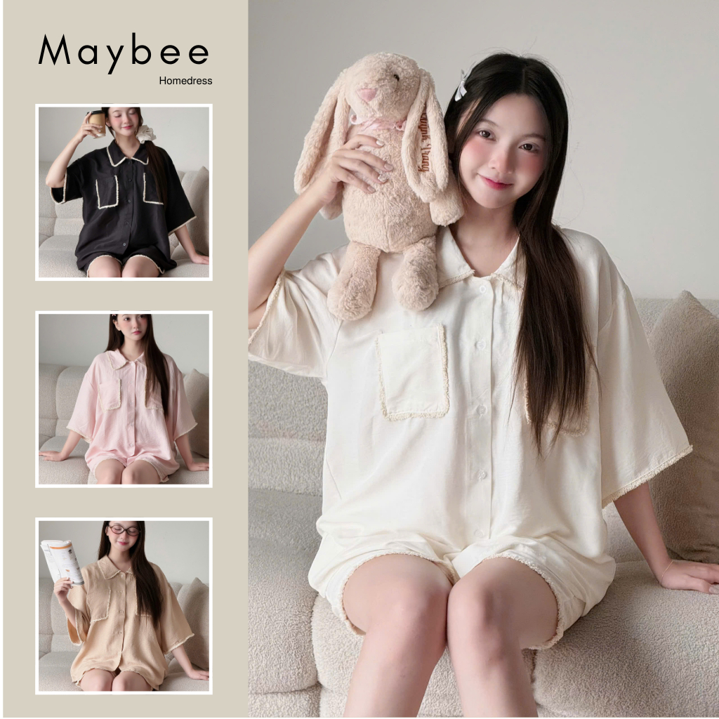 MB-SET-025 Set đồ ngủ ngắn tay trơn dáng rộng phối ren gấu 2 túi Maybee ...